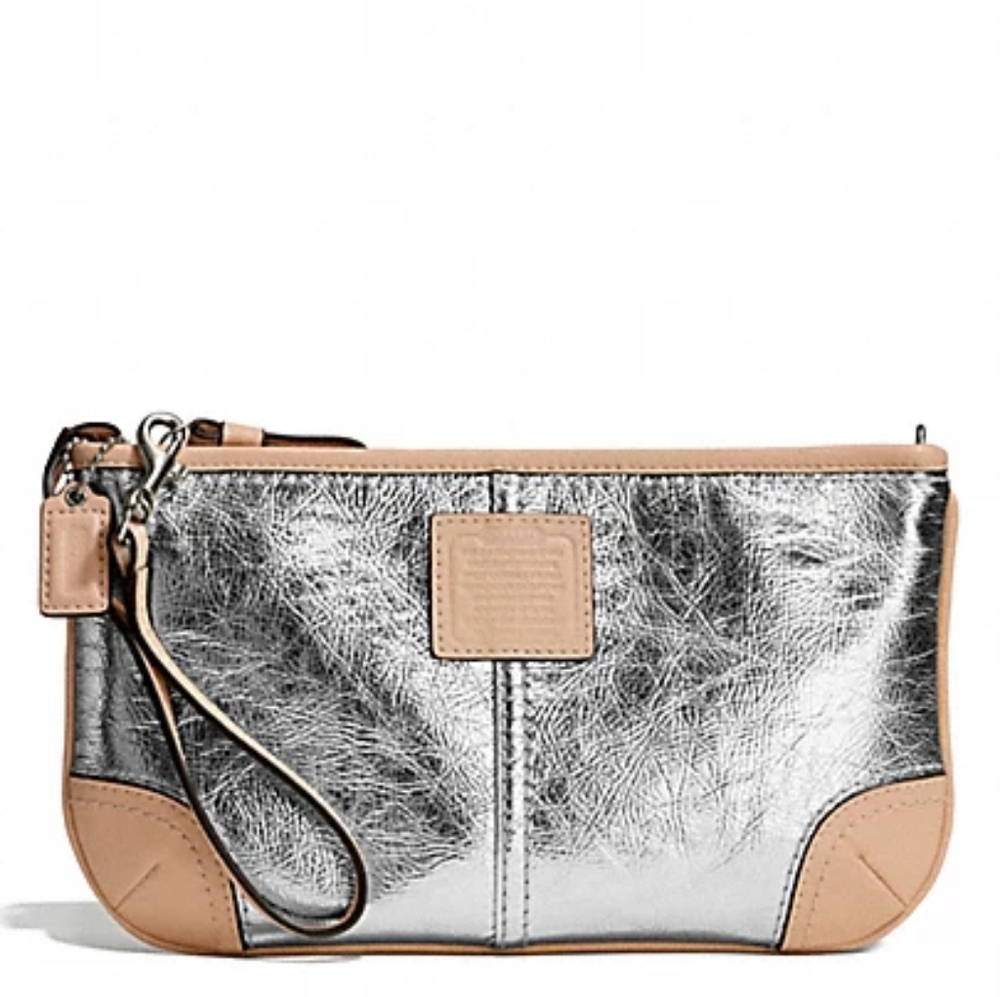 Coach Xl Large Metallic Silver Cream Tan Leather Wris… - Gem